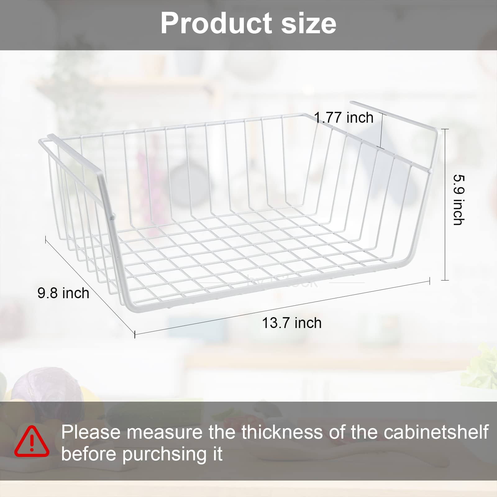 ELEATTRUN Under Shelf Basket, 2 x Medium Metal Wire Kitchen Storage Basket, Space Saving Sliding Organizer for Pantry, Cabinet & Closet Shelves, 22 lb Capacity, White