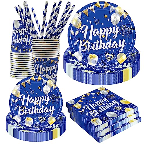 VYTSYD Blue Birthday Party Decorations Packs, 120 Pcs Blue and Gold Foil Dots Happy Birthday Party Supplies for Men Boys | Navy Blue Plates and Napkins Cups Straws Cutlery Set, Serve 24