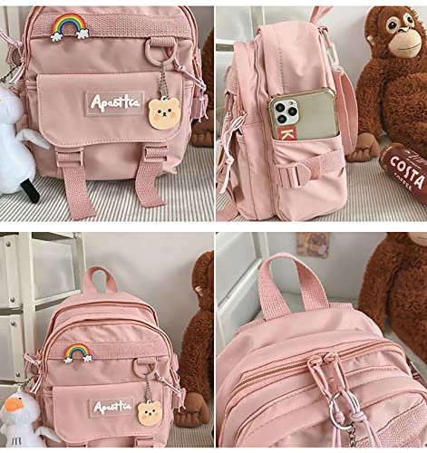 Kawaii Backpack Teen Girls Bag Waterproof Nylon with Cute Pendant and Pin Mini Shoulder Bag (Black)