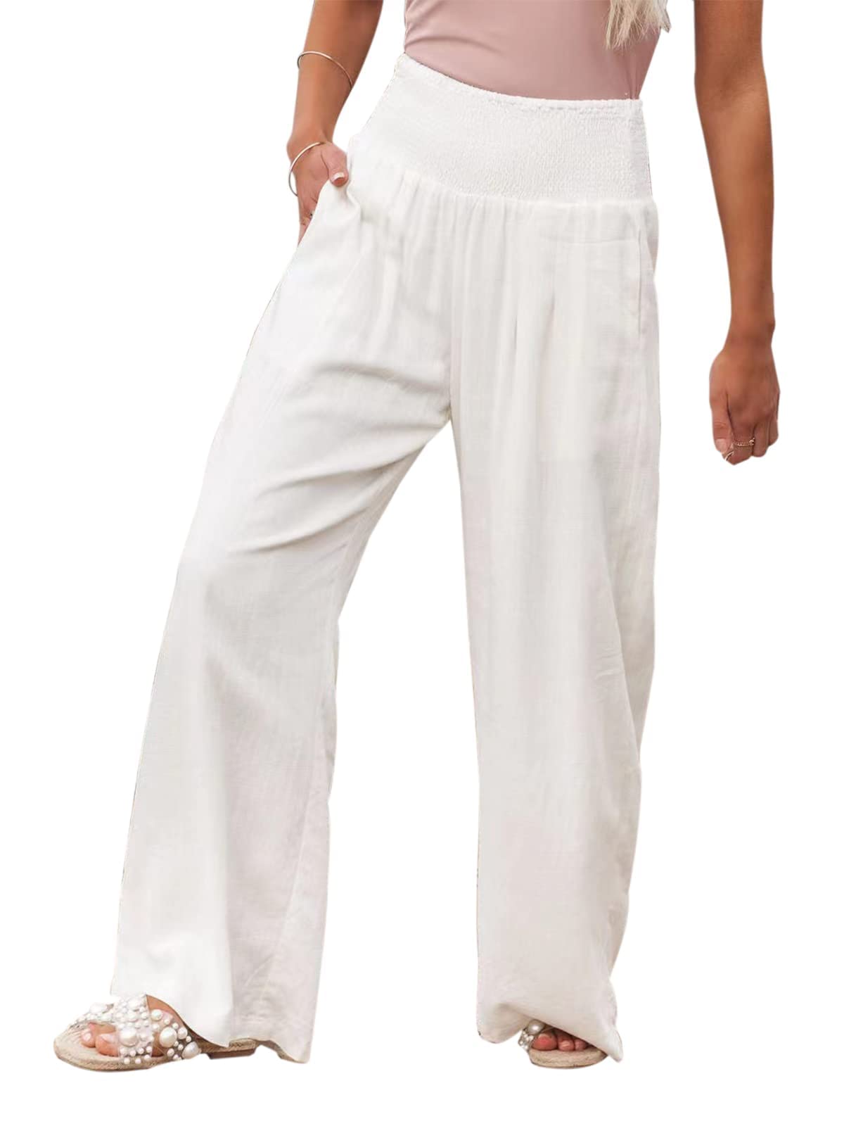 GLIENST Womens Cotton Linen Pants Elastic High Waist Wide Leg Palazzo Lounge Smocked Casual Trousers with for Ladies Pockets One Piece White XL