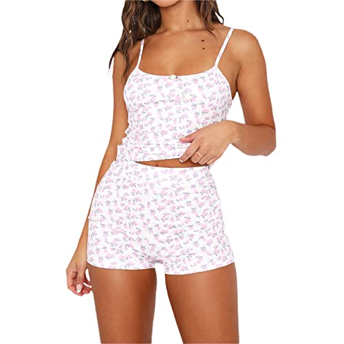 Lnzyyephy Women Floral Print Two Pieces Outfit Y2K Sleeveless Cami Cropped Tank Tops High Waist Shorts Pajamas Set (Floral-Pink A, M)