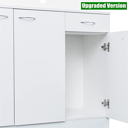 TIHWOALL Upgraded Version and Stronger Kitchen Pantry Cabinet Cupboard for Living Room Bedroom Office with Doors & Shelves & Drawer, Thickened Wooden Freestanding Wardrobe Storage Cabinet (White)