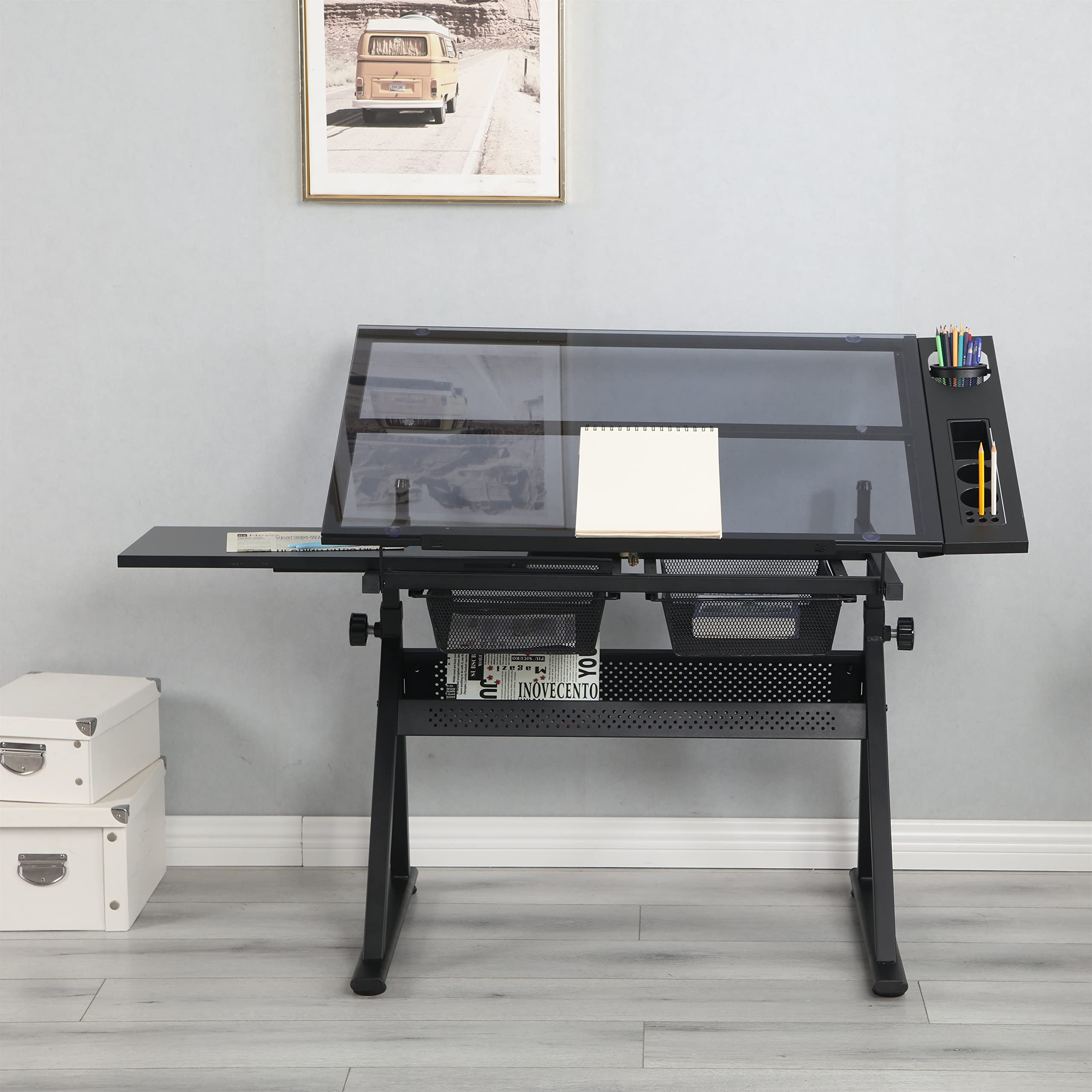 LiviNest Height Adjustable Drafting Table - Modern Tempered Glasses Artist Drawing Table Tilted Tabletop with Chair - Glass Topped Art Desk Work Station with Stool for Home Office Black