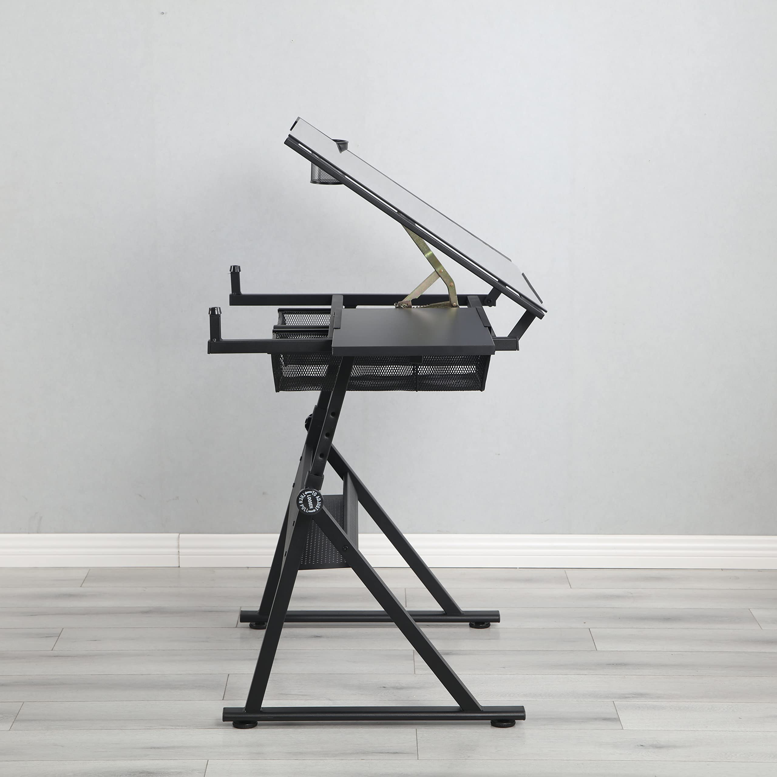 LiviNest Height Adjustable Drafting Table - Modern Tempered Glasses Artist Drawing Table Tilted Tabletop with Chair - Glass Topped Art Desk Work Station with Stool for Home Office Black