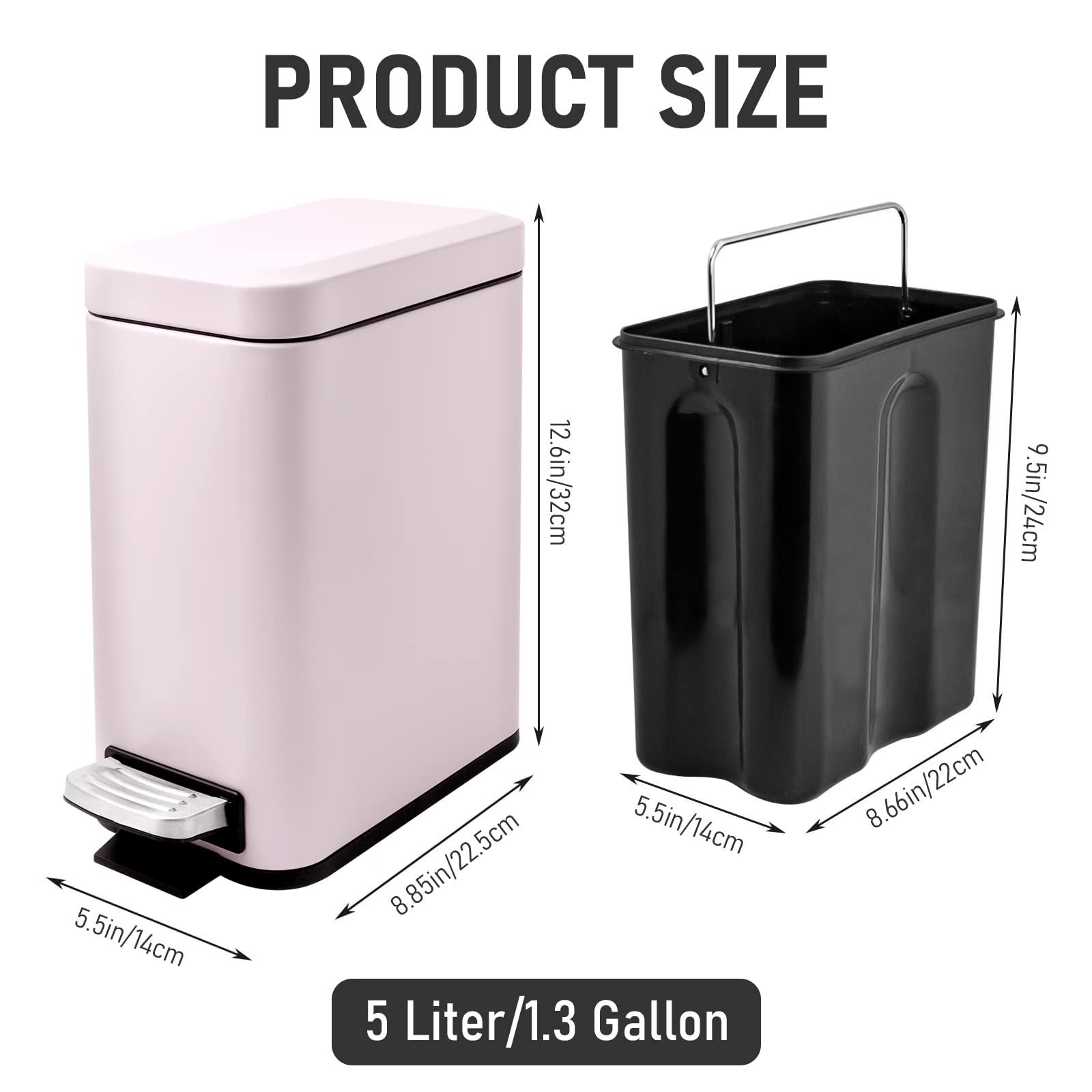 M-Aimee 1.3 Gallon Slim Small Trash Can with Lid Soft Close, Stainless Steel Garbage Can for Bathroom Bedroom Office, Rectangular Step Trash Bin with Removable Inner Waste Basket (Pink)