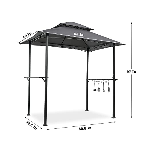 Outdoor Grill Gazebo - Patio Canopy Tent - Shelter Tent with Double Tier Soft Top - Steel Frame Barbecue Canopy with Hook and Bar Counters - 10 Pegs and 1 Bottle Opener - 8 x 5 Ft - Grey