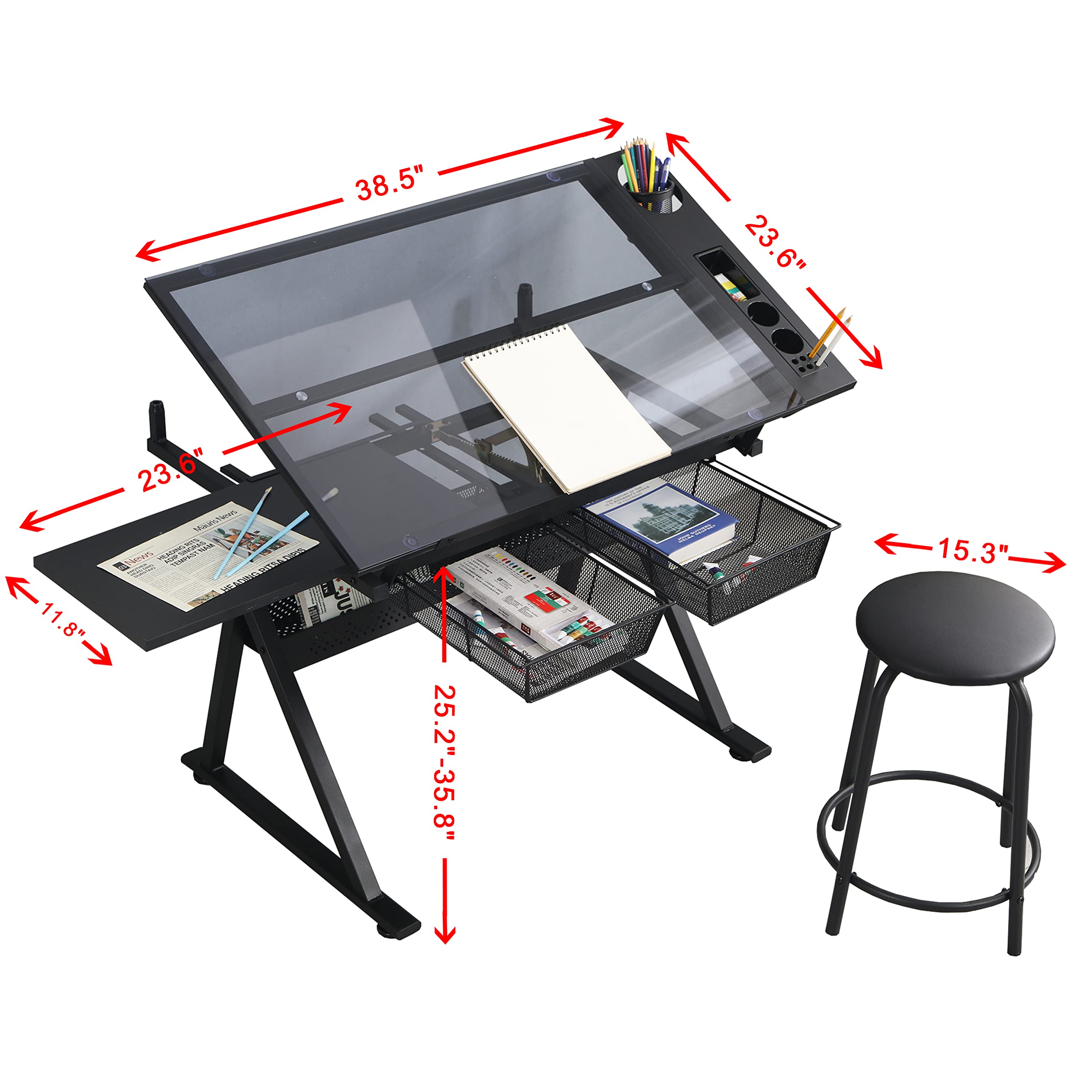 LiviNest Height Adjustable Drafting Table - Modern Tempered Glasses Artist Drawing Table Tilted Tabletop with Chair - Glass Topped Art Desk Work Station with Stool for Home Office Black