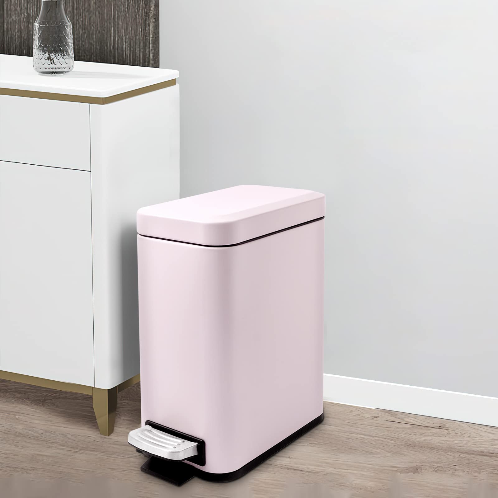 M-Aimee 1.3 Gallon Slim Small Trash Can with Lid Soft Close, Stainless Steel Garbage Can for Bathroom Bedroom Office, Rectangular Step Trash Bin with Removable Inner Waste Basket (Pink)