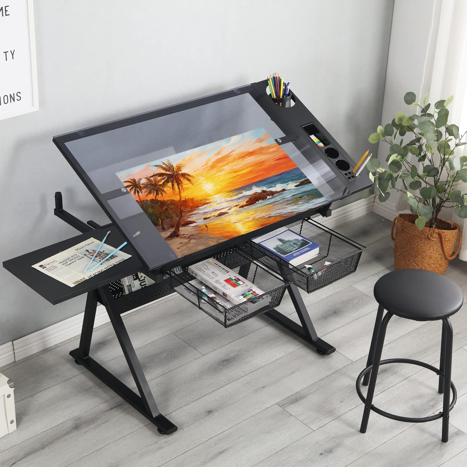 LiviNest Height Adjustable Drafting Table - Modern Tempered Glasses Artist Drawing Table Tilted Tabletop with Chair - Glass Topped Art Desk Work Station with Stool for Home Office Black