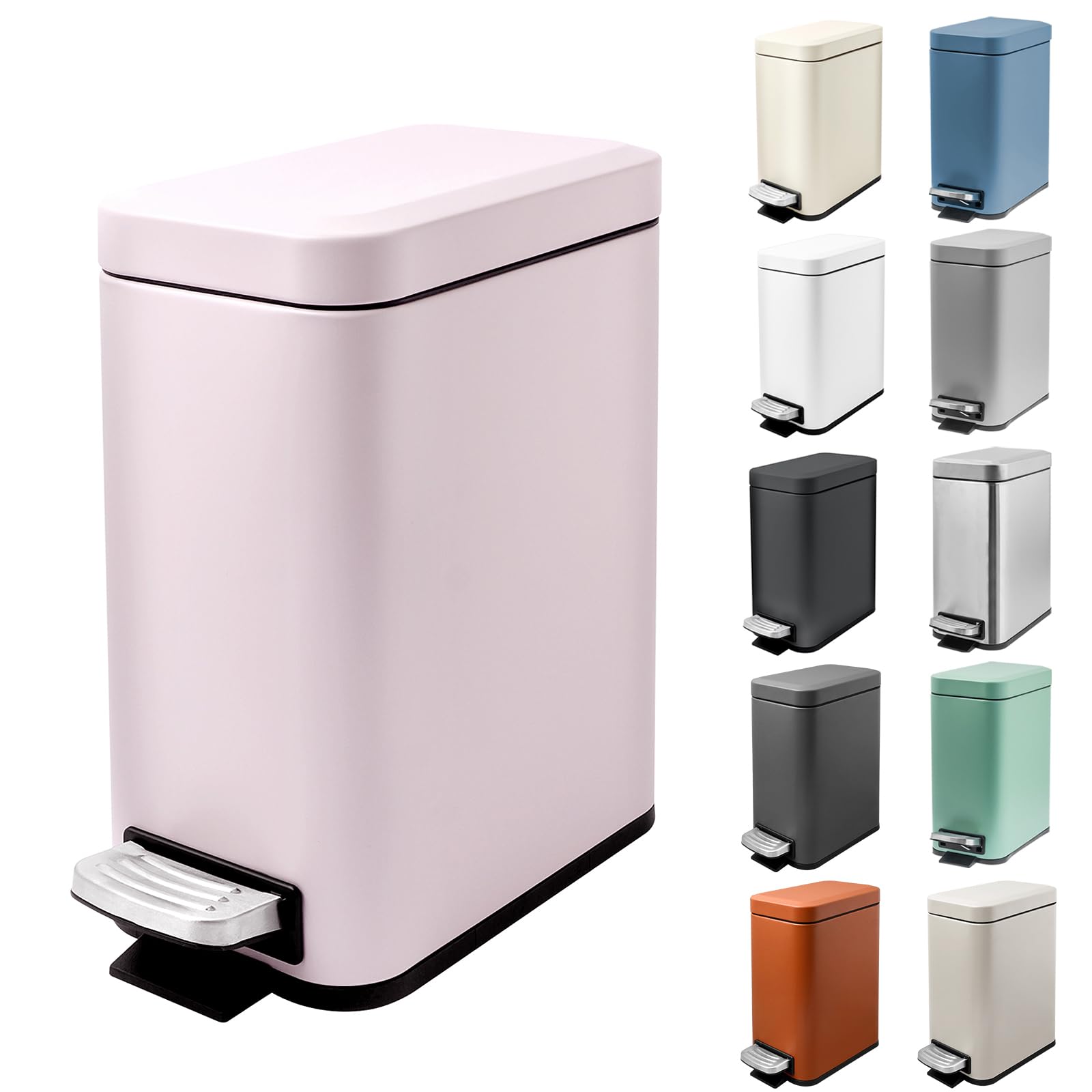 M-Aimee 1.3 Gallon Slim Small Trash Can with Lid Soft Close, Stainless Steel Garbage Can for Bathroom Bedroom Office, Rectangular Step Trash Bin with Removable Inner Waste Basket (Pink)