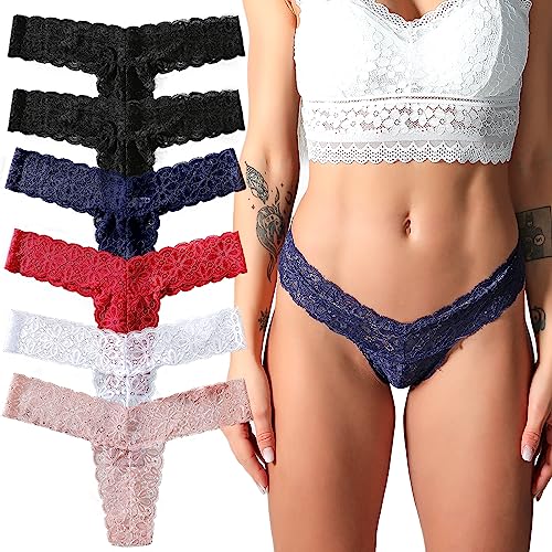 Cinvik Women's Lace Thongs, T Back Sexy Thong Underwear Womens Seamless Lace Panties V-Shape Lace Tanga 6 Packs 3XL