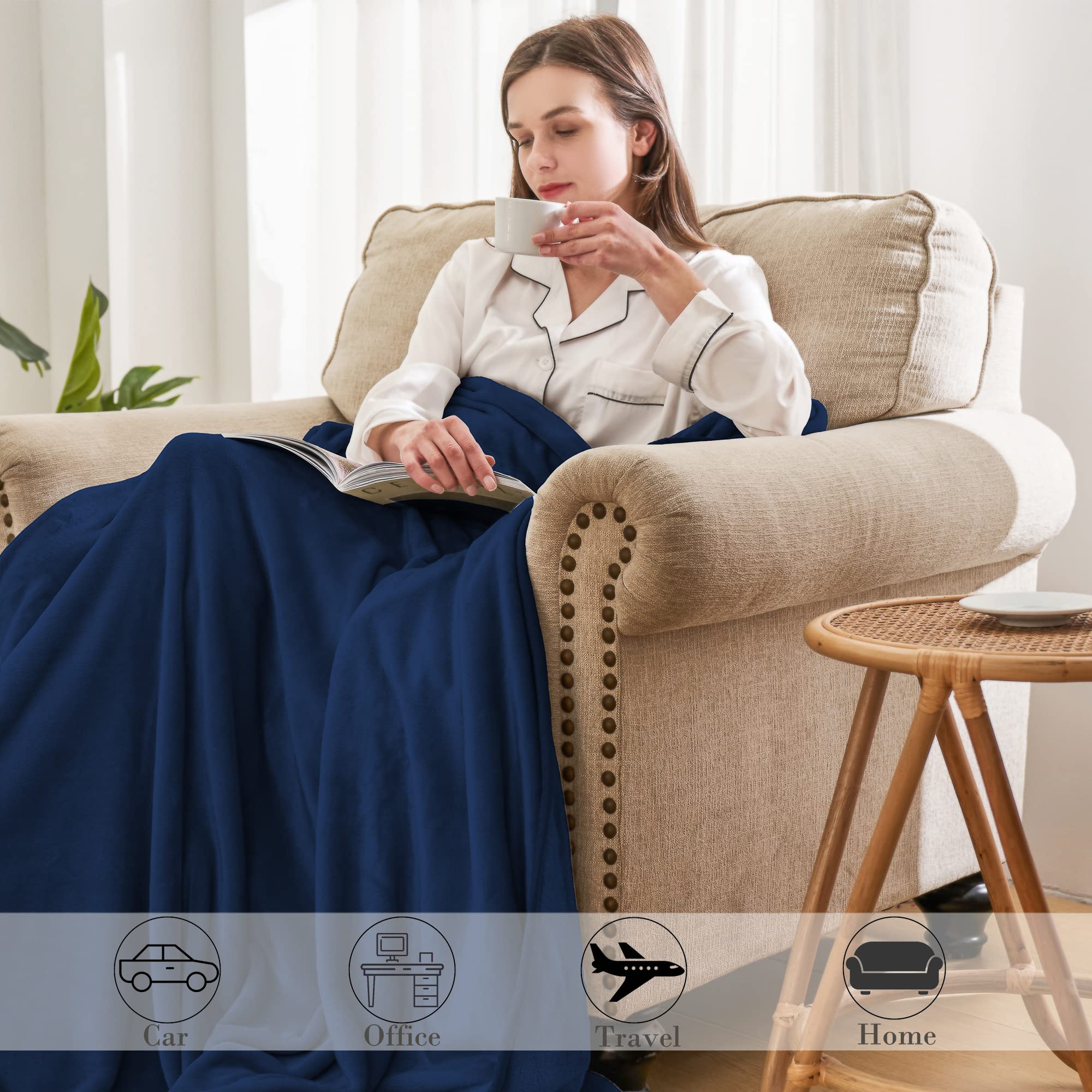 ELNIDO QUEEN Fleece Throw Blanket for Couch Navy Blue - 330GSM Lightweight Fuzzy Cozy Soft and Cooling Blankets for Sofa, Bed, 50x60 inches