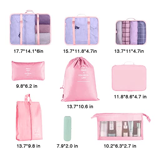 Blibly Packing Cubes for Suitcase, 9 PCS Lightweight Travel Luggage Organizers Set, Waterproof Luggage Packing Cubes for Travel Accessories(Pink)