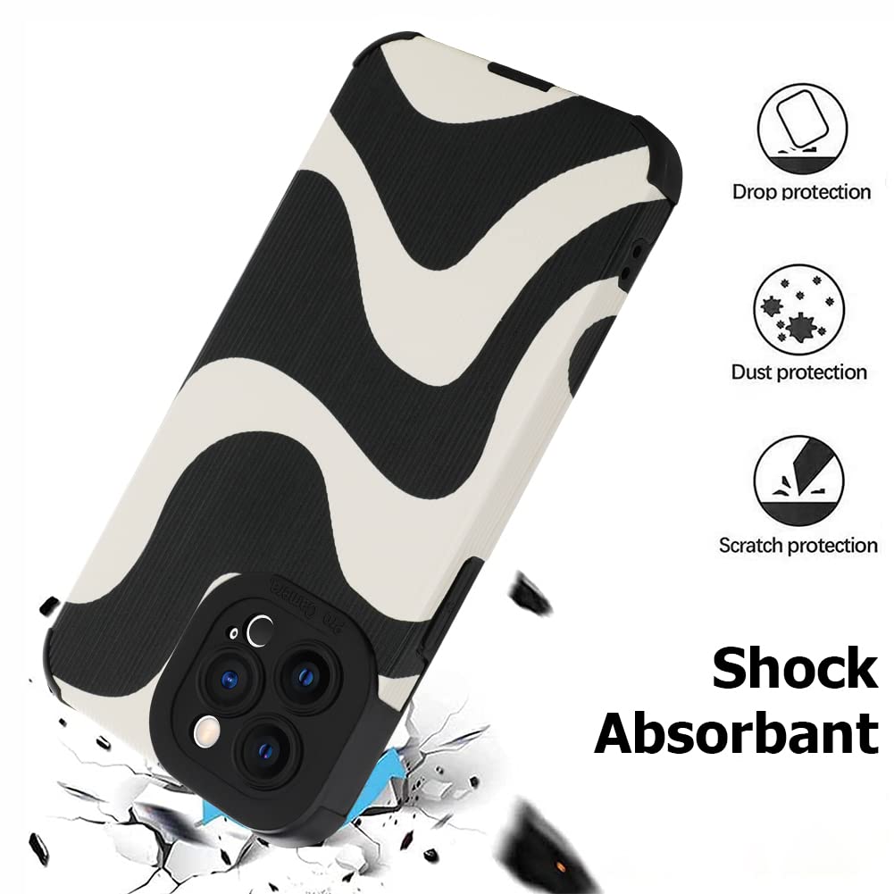 Wlxee iPhone 13 Pro Max Case, Wave Pattern Mobile Phone Case with Camera Protector, Soft Silicone Bumper for Female Girls - Black White
