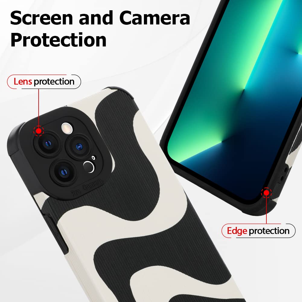 Wlxee iPhone 13 Pro Max Case, Wave Pattern Mobile Phone Case with Camera Protector, Soft Silicone Bumper for Female Girls - Black White
