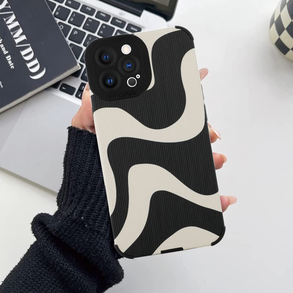Wlxee iPhone 13 Pro Max Case, Wave Pattern Mobile Phone Case with Camera Protector, Soft Silicone Bumper for Female Girls - Black White