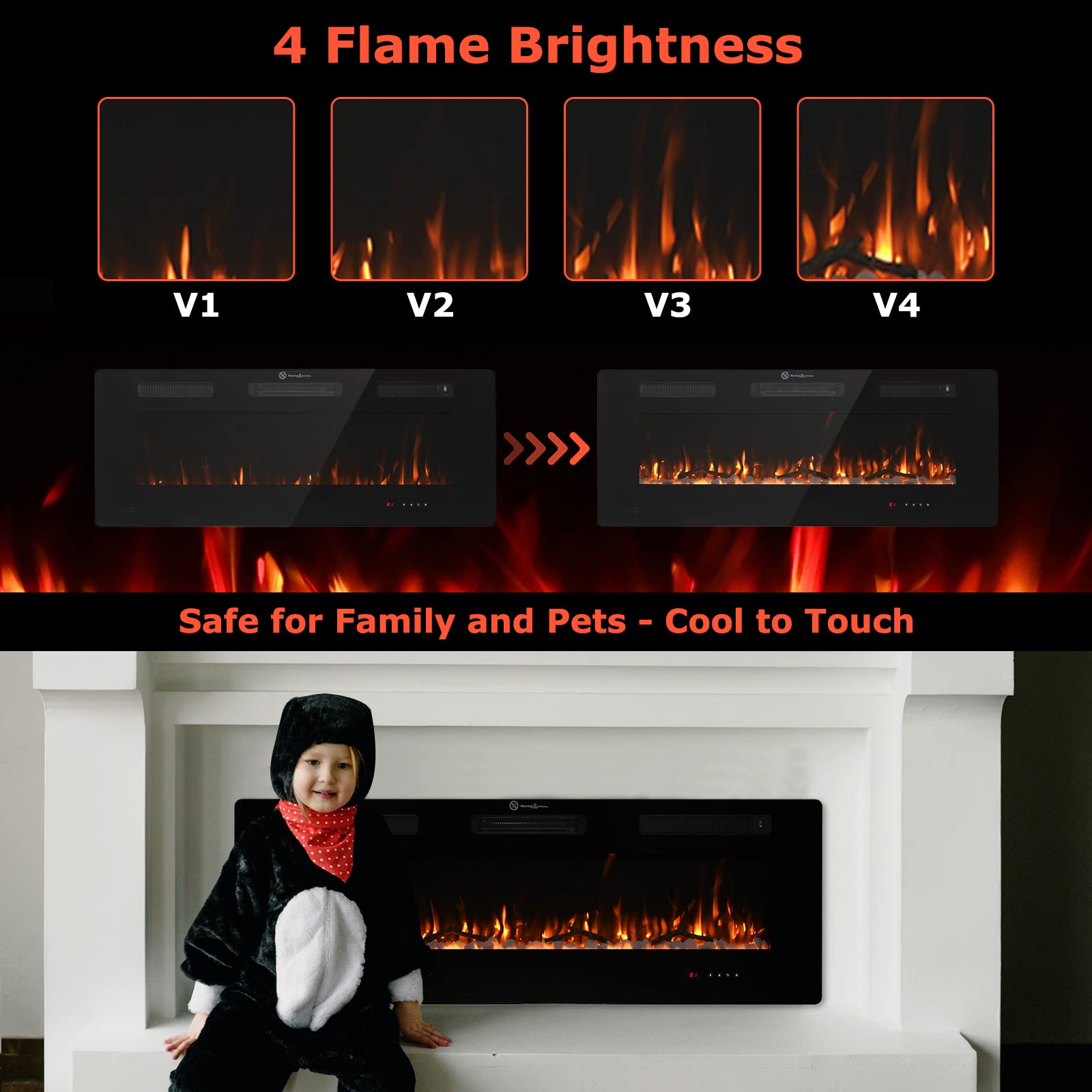 FODINGHILL 60" Insert Wall Mounted Electric Fireplace, Low-Noise Fireplace Heater Mantel Features a Touch Screen, Timer, Adjustable Flame Color, 700W / 1400W