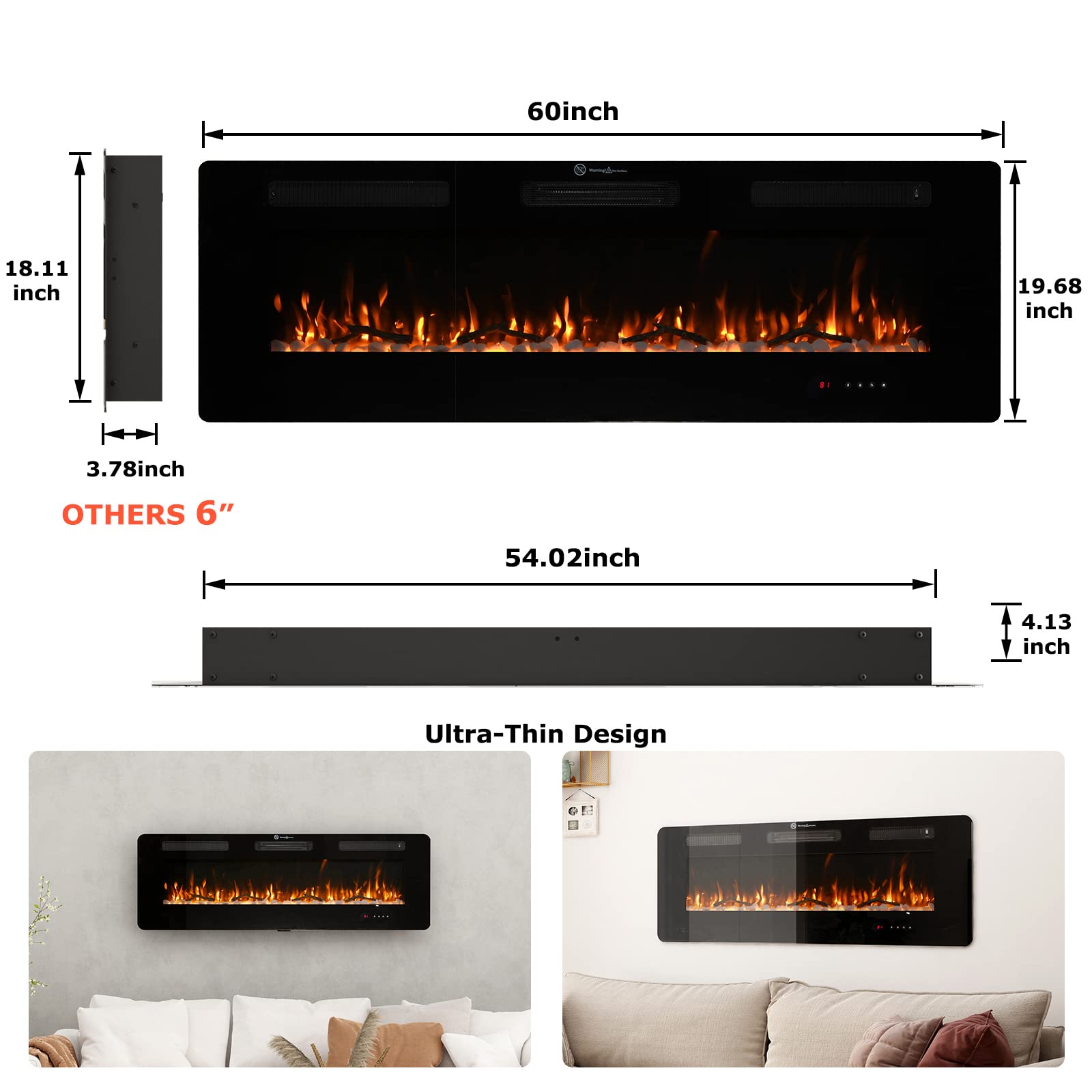 FODINGHILL 60" Insert Wall Mounted Electric Fireplace, Low-Noise Fireplace Heater Mantel Features a Touch Screen, Timer, Adjustable Flame Color, 700W / 1400W