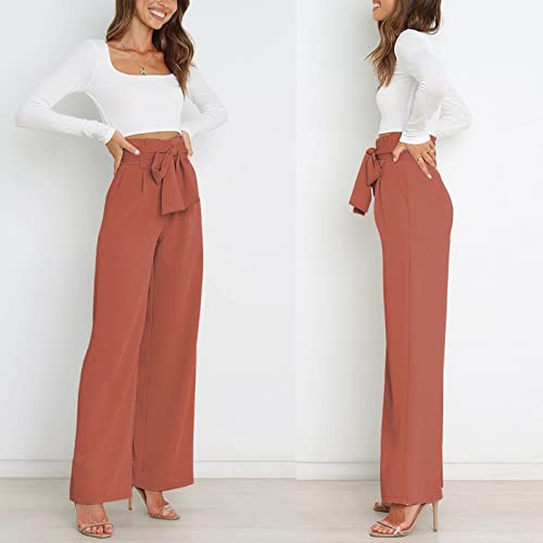 Viatabuna Wide Leg Pants for Women High Waisted Business Casual Pants Work Suit Pants Loose with Pockets and Belt Brick Red