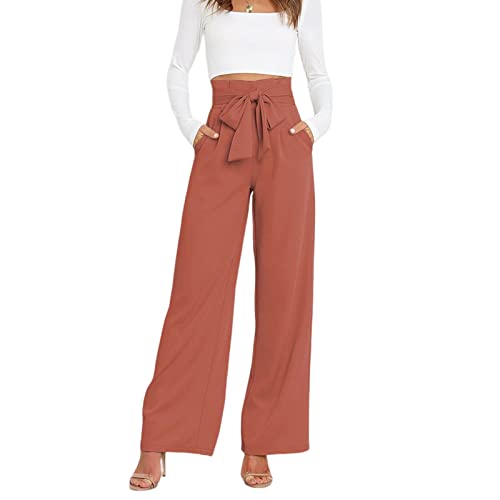 Viatabuna Wide Leg Pants for Women High Waisted Business Casual Pants Work Suit Pants Loose with Pockets and Belt Brick Red