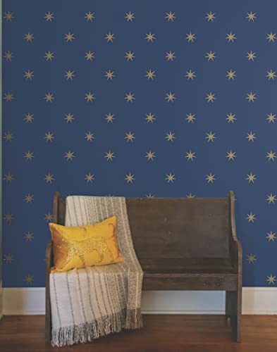 Erin & Ben Co. PSW1451RL Navy and Metallic Gold Star Splendor Premium Peel and Stick Wallpaper Blue
