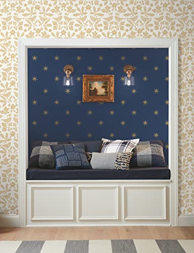 Erin & Ben Co. PSW1451RL Navy and Metallic Gold Star Splendor Premium Peel and Stick Wallpaper Blue