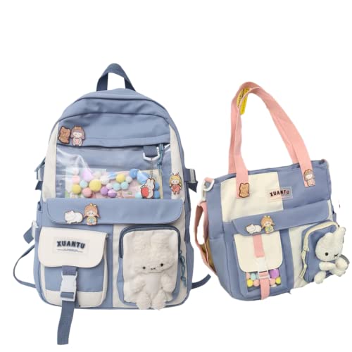 MeganJDesigns 2Pcs Kawaii Backpack for Teen Girls Aesthetic Student, Gift for Back to School, Travel Daypack Shoulder Bag Girls (Blue)