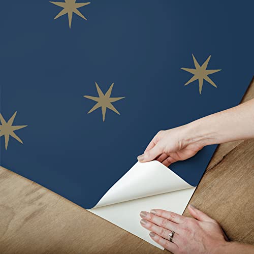Erin & Ben Co. PSW1451RL Navy and Metallic Gold Star Splendor Premium Peel and Stick Wallpaper Blue