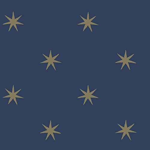Erin & Ben Co. PSW1451RL Navy and Metallic Gold Star Splendor Premium Peel and Stick Wallpaper Blue