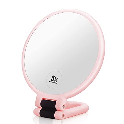 ANEIMIAH 1x 5X Magnifying Travel Hand Held Vanity Mirror,Compact Double Side Folding Magnification Hand Mirror for Women with 360°Rotating Handle Table Desk Small Round Make up Mirrors Pink