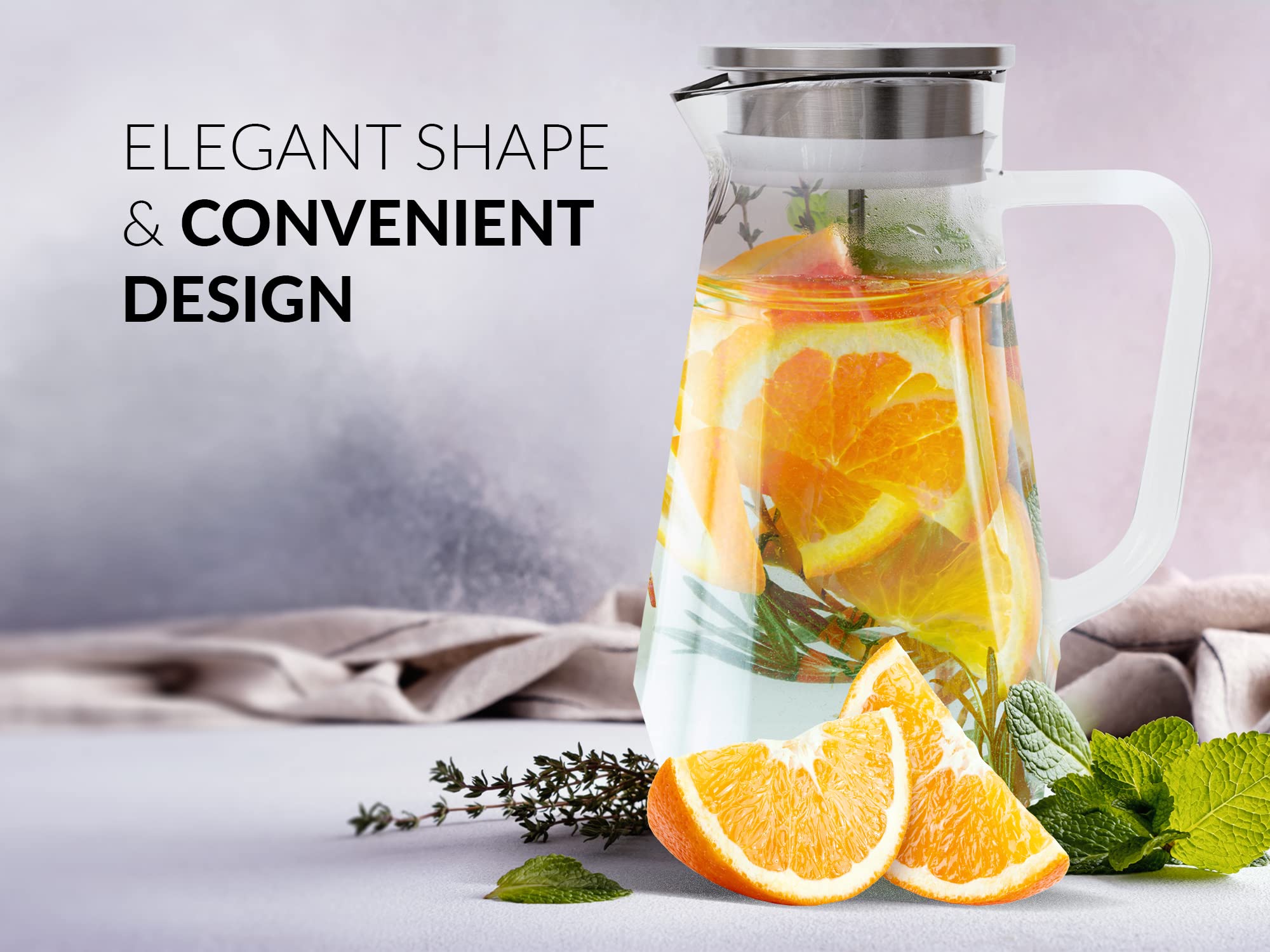 Oval Orange Glass Pitcher with Lid and Spout (1.5 L | 51 oz) - Borosilicate Glass Water Pitcher - for Hot & Cold Beverages - incl. Cleaning Brush