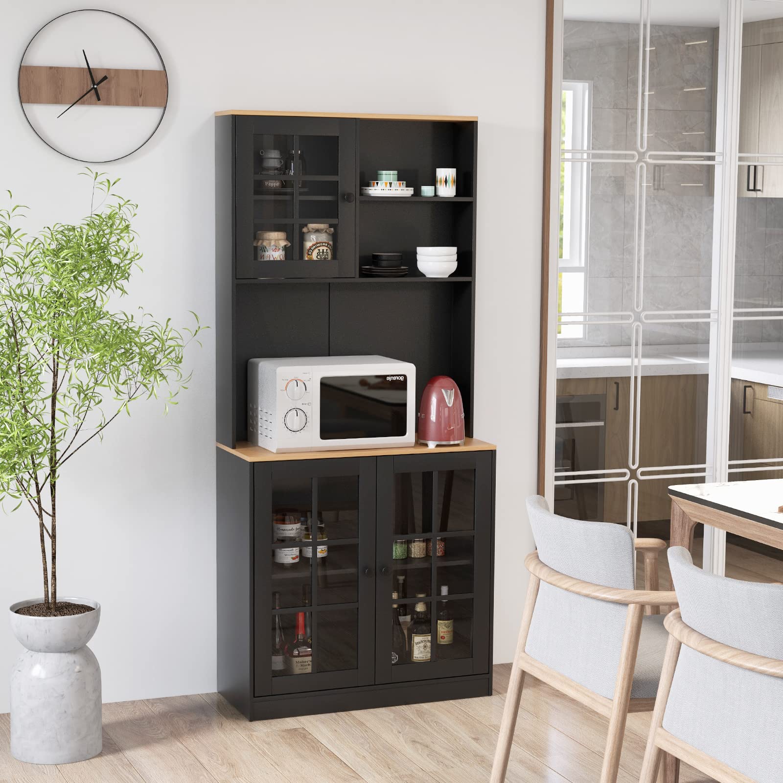 LOKO 72" Kitchen Hutch Storage Cabinet, Freestanding Pantry Buffet Cabinet with Glass Doors, Open & Closed Storage, 3-Position Adjustable Shelves, Tall Cupboard Storage Cabinet (Black)
