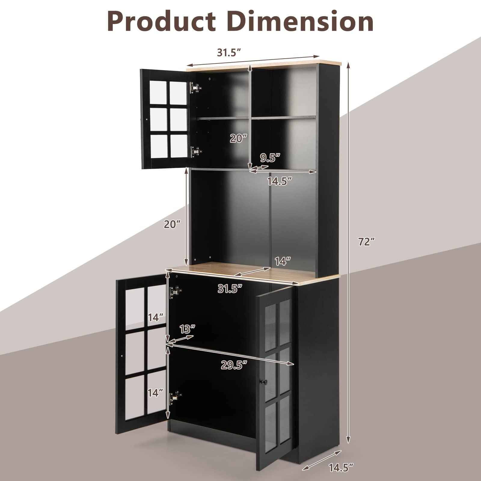 LOKO 72" Kitchen Hutch Storage Cabinet, Freestanding Pantry Buffet Cabinet with Glass Doors, Open & Closed Storage, 3-Position Adjustable Shelves, Tall Cupboard Storage Cabinet (Black)