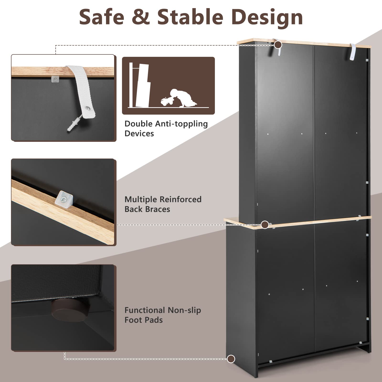 LOKO 72" Kitchen Hutch Storage Cabinet, Freestanding Pantry Buffet Cabinet with Glass Doors, Open & Closed Storage, 3-Position Adjustable Shelves, Tall Cupboard Storage Cabinet (Black)