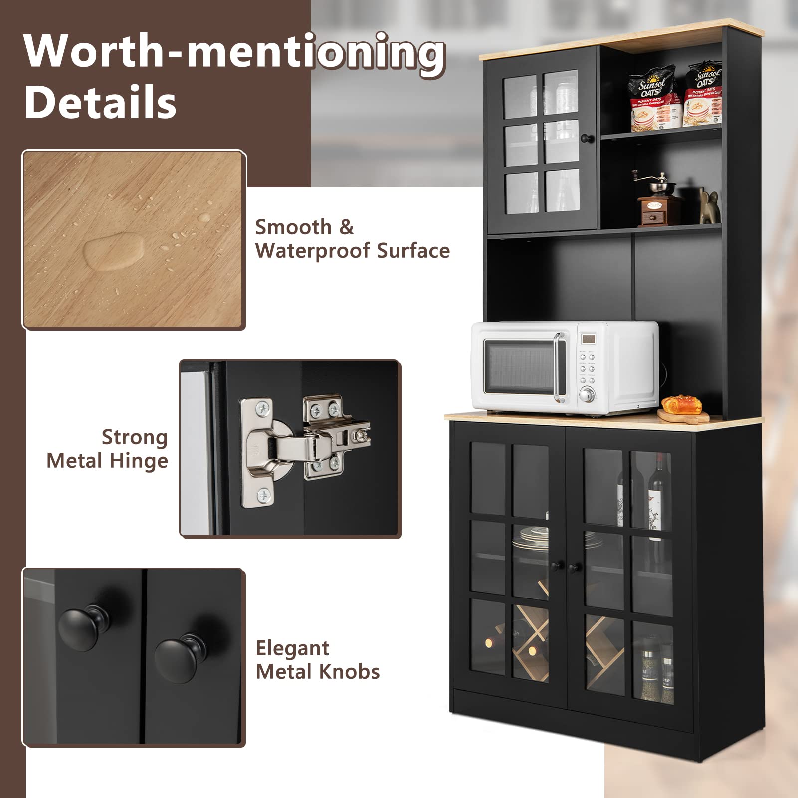 LOKO 72" Kitchen Hutch Storage Cabinet, Freestanding Pantry Buffet Cabinet with Glass Doors, Open & Closed Storage, 3-Position Adjustable Shelves, Tall Cupboard Storage Cabinet (Black)