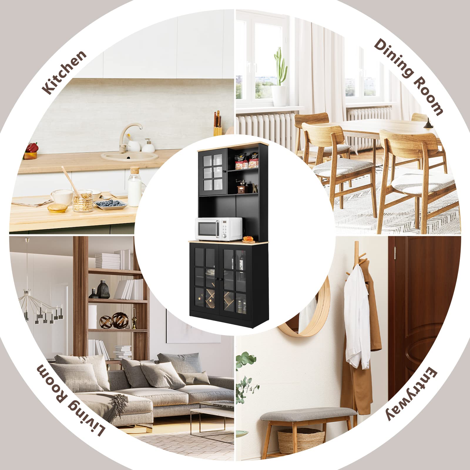 LOKO 72" Kitchen Hutch Storage Cabinet, Freestanding Pantry Buffet Cabinet with Glass Doors, Open & Closed Storage, 3-Position Adjustable Shelves, Tall Cupboard Storage Cabinet (Black)