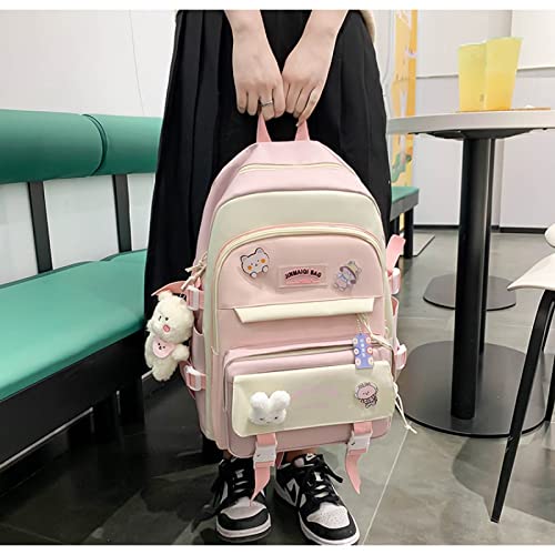 5pcs Backpacks Set Bear Pendant Pins Kawaii Japanese Daypack Back to School Supplies Tote Shoulder Bag Front Pocket Pouch (Pink,unisex-adult,One Size)