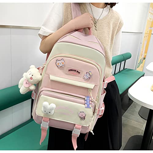 5pcs Backpacks Set Bear Pendant Pins Kawaii Japanese Daypack Back to School Supplies Tote Shoulder Bag Front Pocket Pouch (Pink,unisex-adult,One Size)