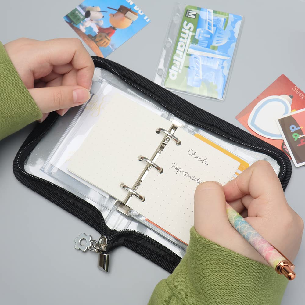 Mini Budget Binder with Cash Envelopes Set Black 3-Ring Zipper Binder Folders, 80 Sheets 3 Hole Dot Paper Refills and 12pcs Clear Mini Biner Pockets for Planner Budgeting System