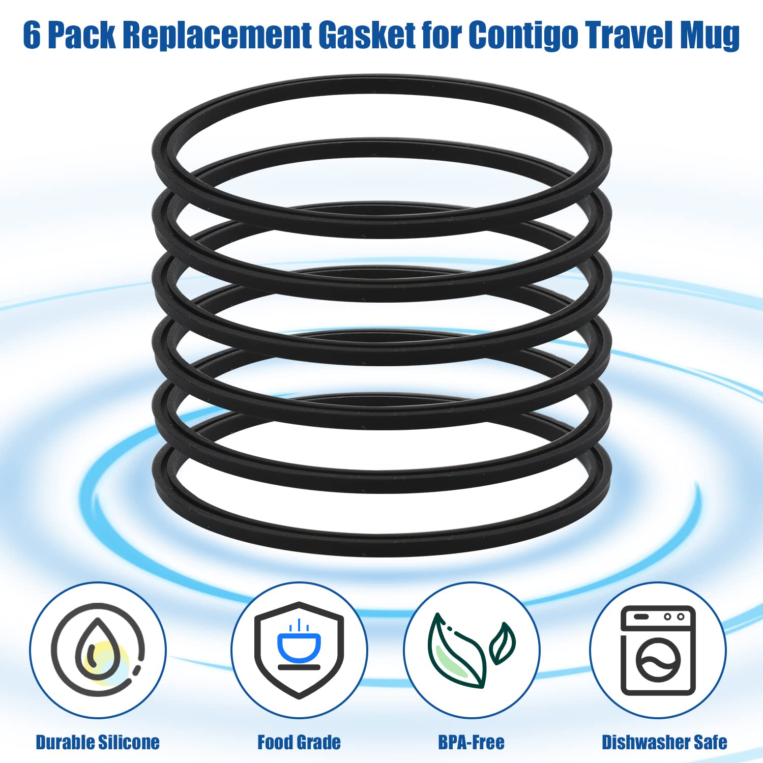 6pcs Replacement Gaskets Compatible with Contigo Snapseal Byron Travel Mug 16 & 20oz, Leakage-Proof Rubber Seals Ring Lid Gaskets Replacement Parts Compatible with Contigo Mugs (Black)