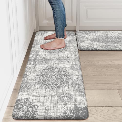 Collive Kitchen Mats 2PCS,Cushioned Anti-Fatigue Kitchen Floor Mats Set of 2,Vintage Waterproof Non Slip Comfort Foam Standing Mat for Home,Office,Sink,Laundry,Desk(Grey,17"x59"+17"x30")
