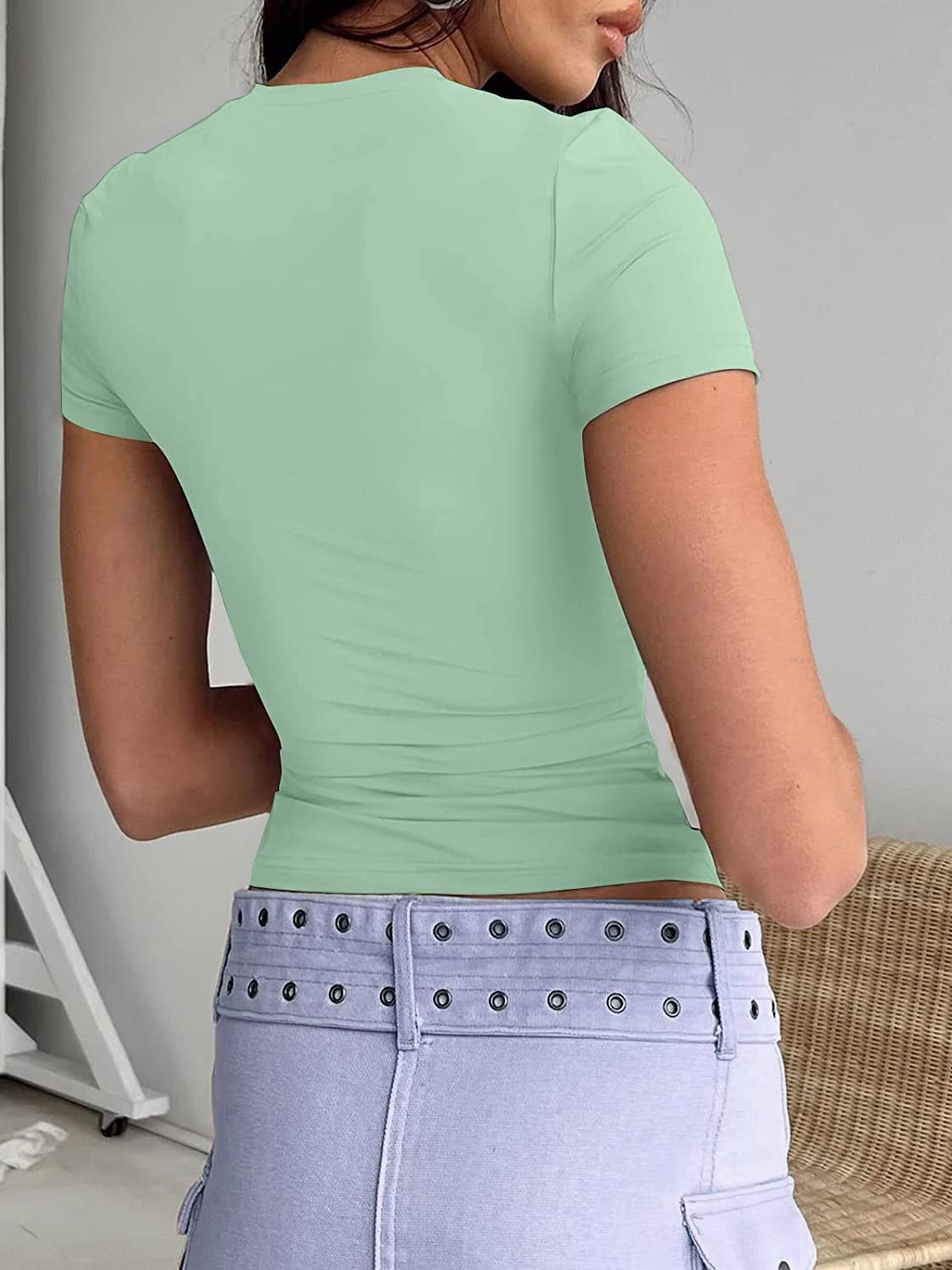 Abardsion Women's Casual Basic Going Out Crop Tops Slim Fit Short Sleeve Crew Neck Tight T Shirts (Mint Green, S)