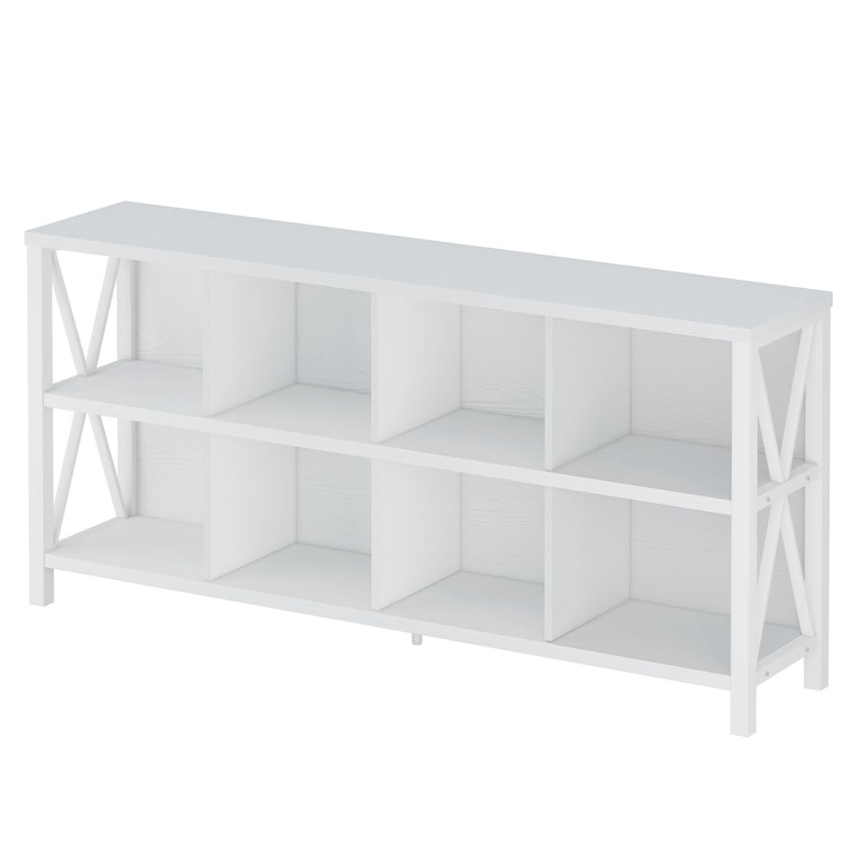 FATORRI 8 Cube Storage Organizer Bookshelf, Rustic Wood Cubby Bookcase, Industrial Horizontal Long Shelf for Living Room (White Oak, 62 Inch)