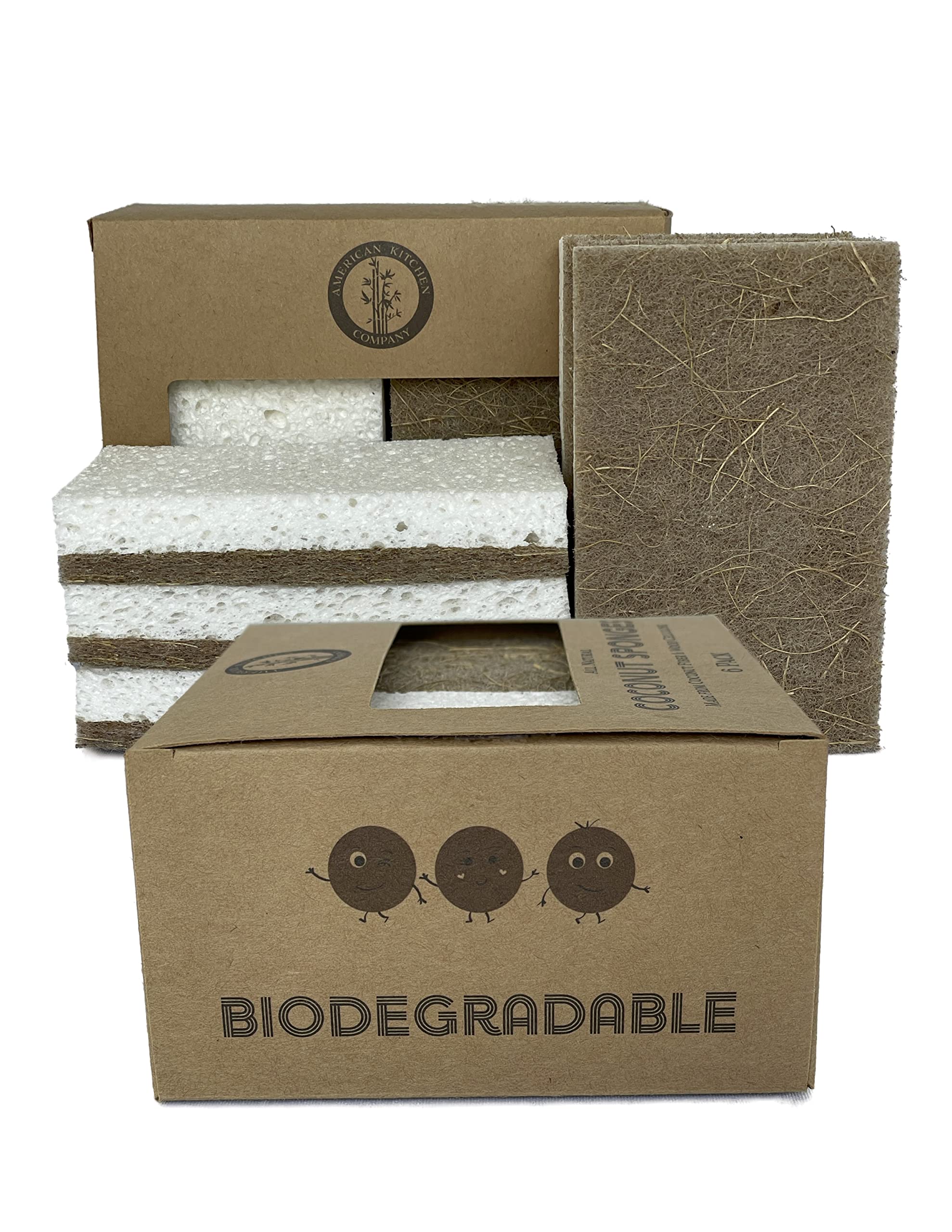 Natural Sponges - 6 Pack of EcoFriendly Biodegradable Coconut Sponges - Multipurpose Kitchen Sponges - by American Kitchen Company ™
