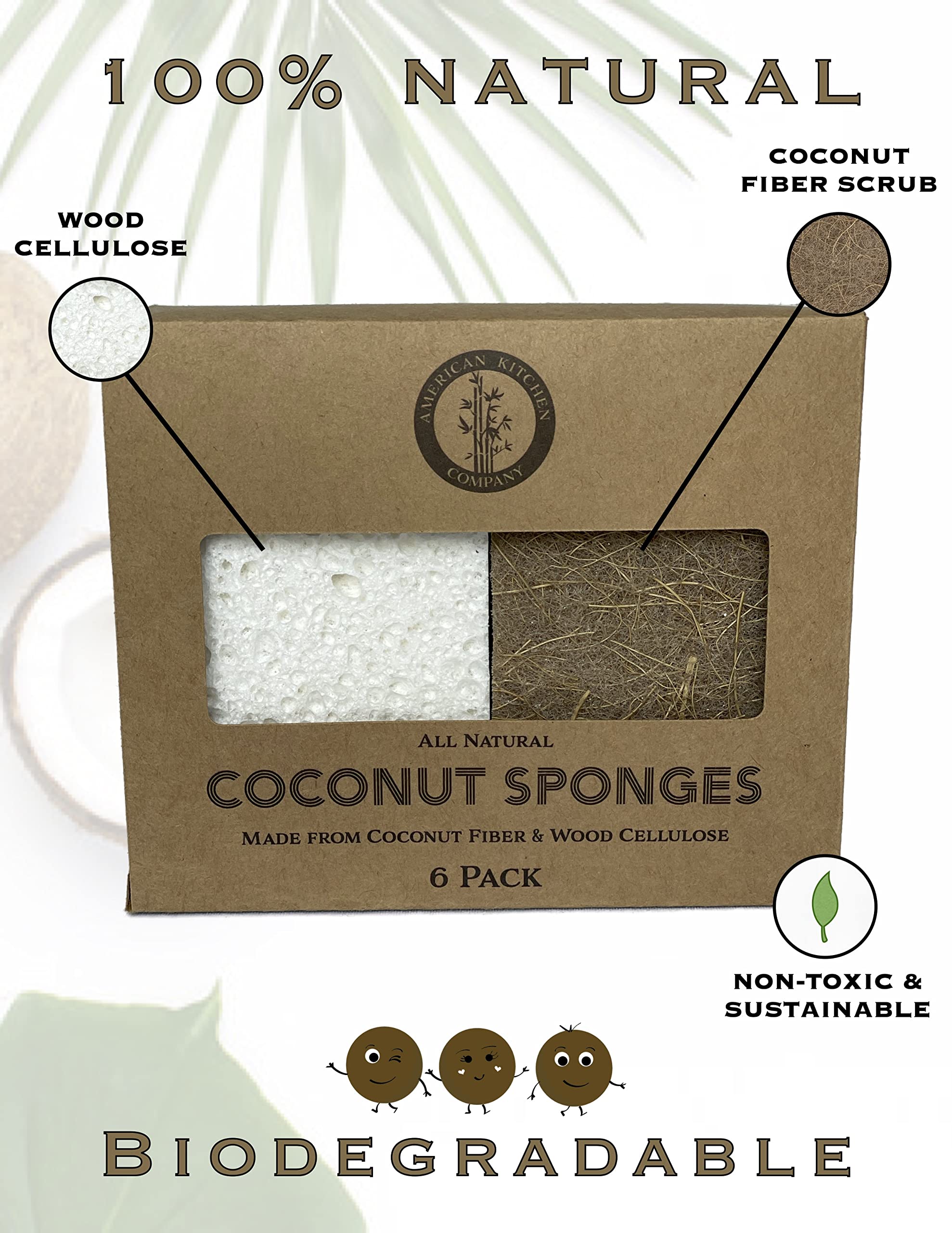 Natural Sponges - 6 Pack of EcoFriendly Biodegradable Coconut Sponges - Multipurpose Kitchen Sponges - by American Kitchen Company ™