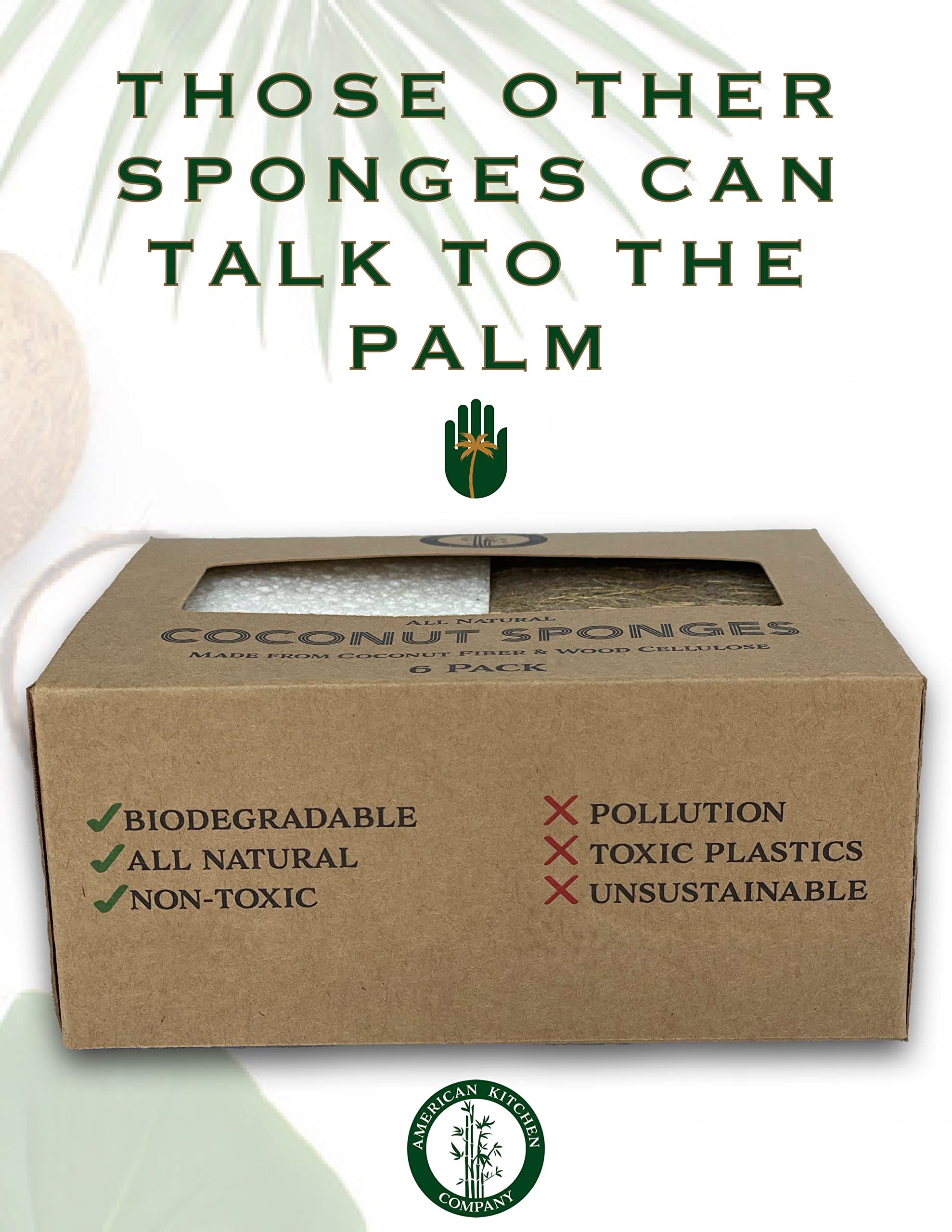 Natural Sponges - 6 Pack of EcoFriendly Biodegradable Coconut Sponges - Multipurpose Kitchen Sponges - by American Kitchen Company ™
