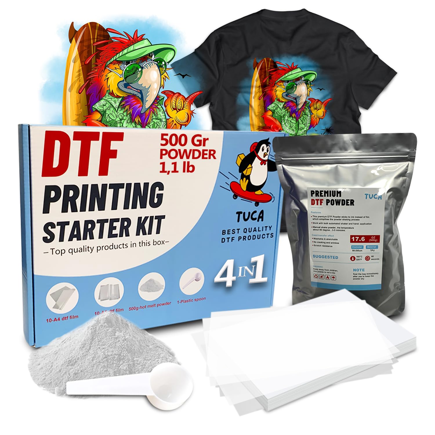 Tuca DTF Powder and Transfer Film for DTF Sublimation Printer, 500G/1.1 lbs White Digital Hot Melt Adhesive applies to All DTF Transfer Printers for Digital Prints on T-Shirts Textile A4/A5 20 Sheets