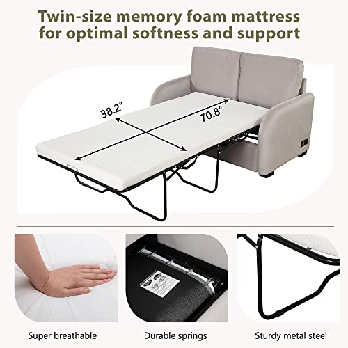 Multifunctional Velvet Loveseat Sofa with Pull Out Sleeper Couch Bed ,USB Port ,3-pin Plug & Twin Memory Mattress for Living Room Furniture Sets, Spaces Saving Design for Home, Apartment and Office