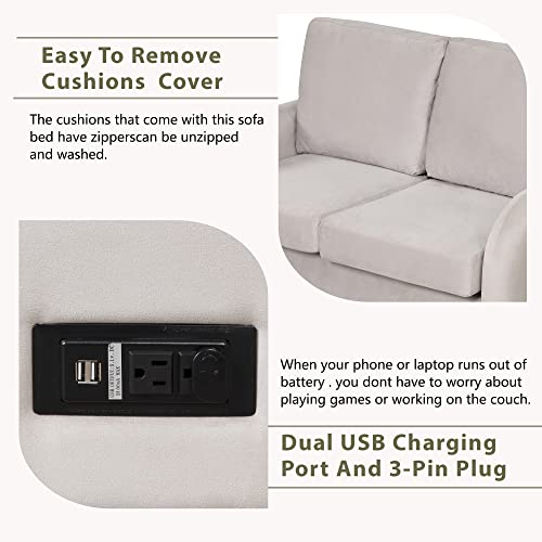 Multifunctional Velvet Loveseat Sofa with Pull Out Sleeper Couch Bed ,USB Port ,3-pin Plug & Twin Memory Mattress for Living Room Furniture Sets, Spaces Saving Design for Home, Apartment and Office