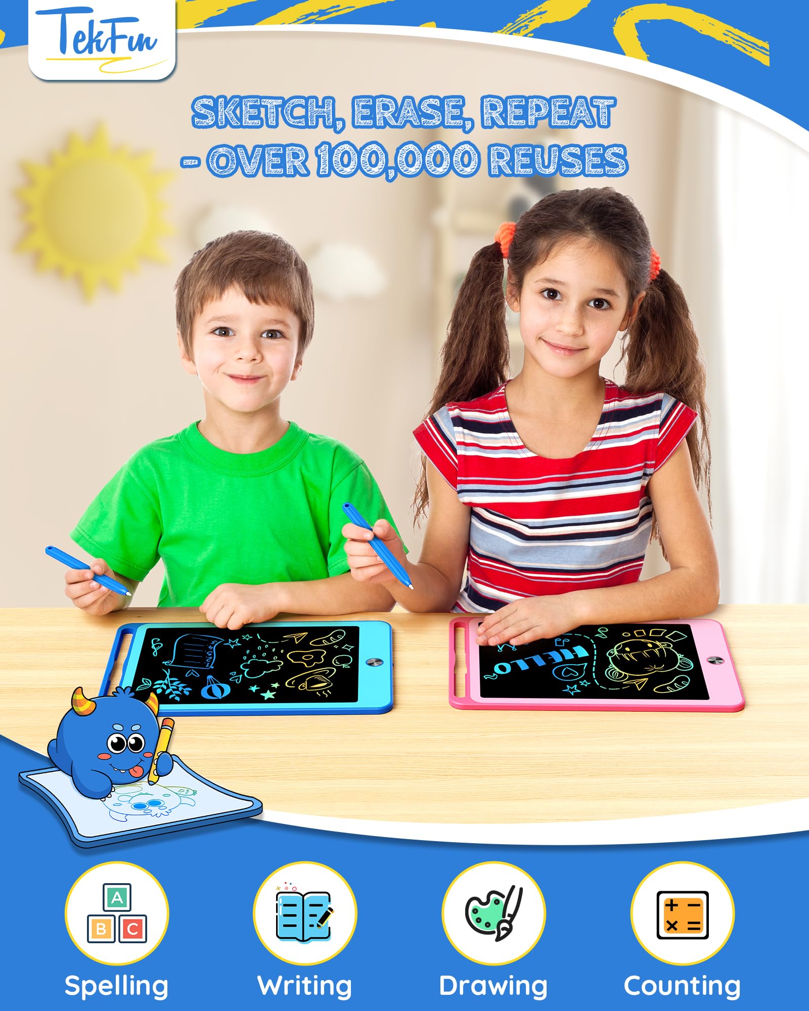 TEKFUN 2 Pack LCD Writing Tablet for Kids, 8.5 Inch Blue+Pink Doodle Board Drawing Board Drawing Tablet with Lanyard, Educational Kids Easter Toddler Toys Birthday Gift for Boys Girls 3-12 Years Old